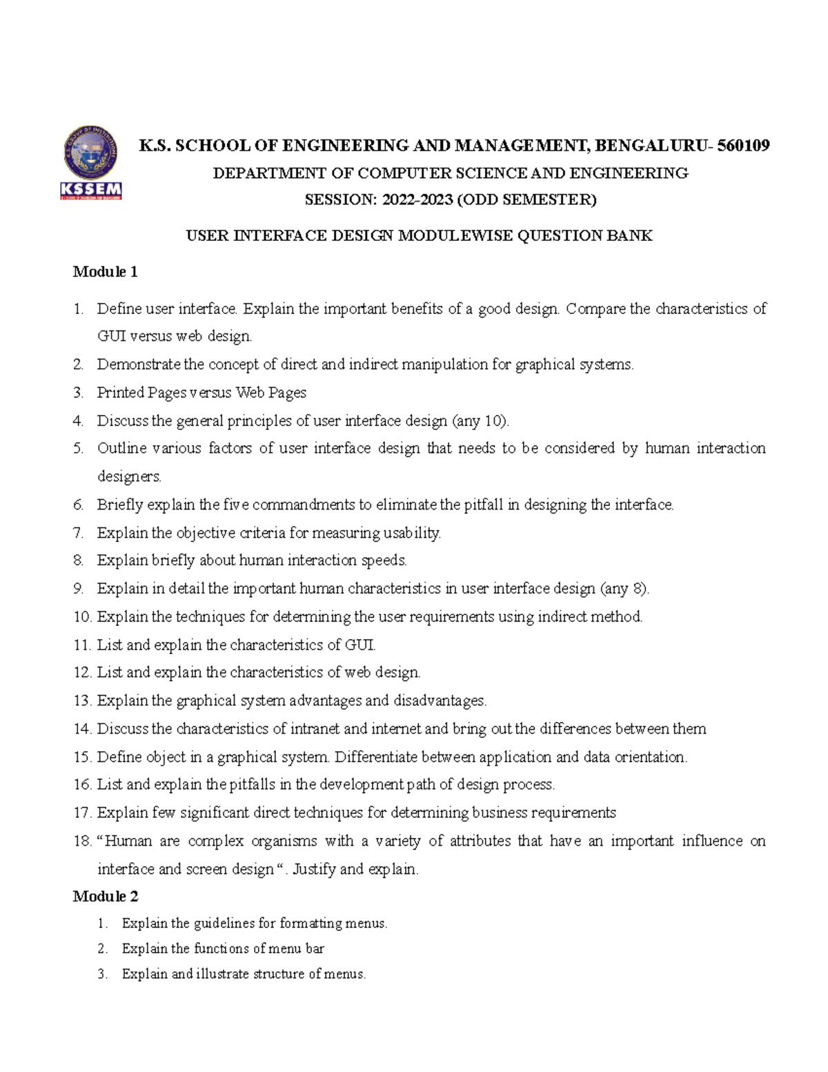 18CS734 UID Question Bank - K. SCHOOL OF ENGINEERING AND MANAGEMENT, BENGALURU- 560109 ...