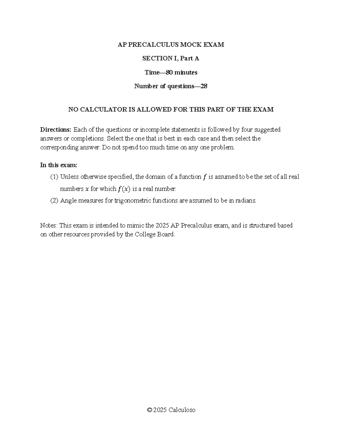 AP Precalculus 2025 Mock Exam Section I: No Calculator - Studocu