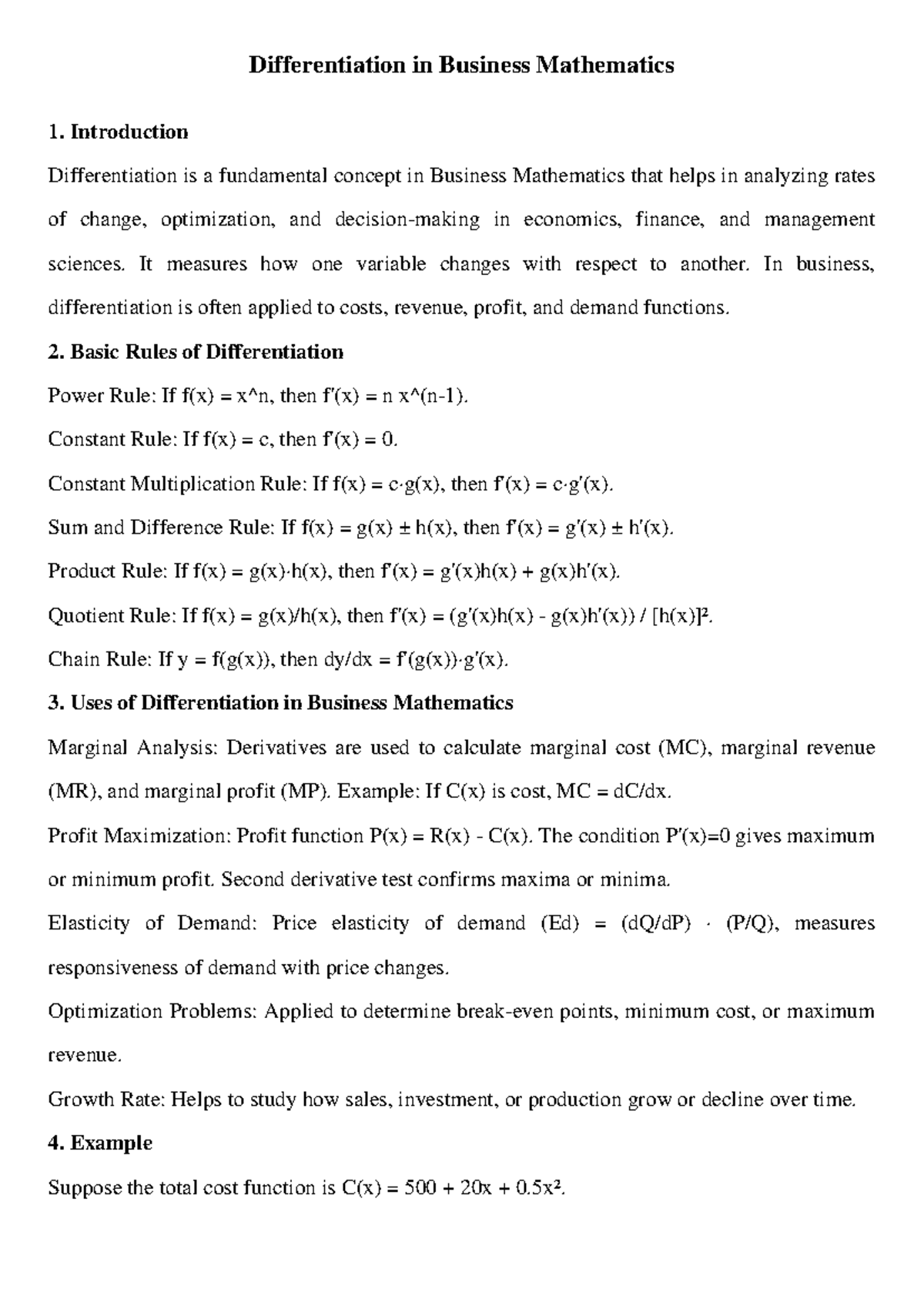 Differentiation in Business Mathematics: Key Concepts & Applications ...