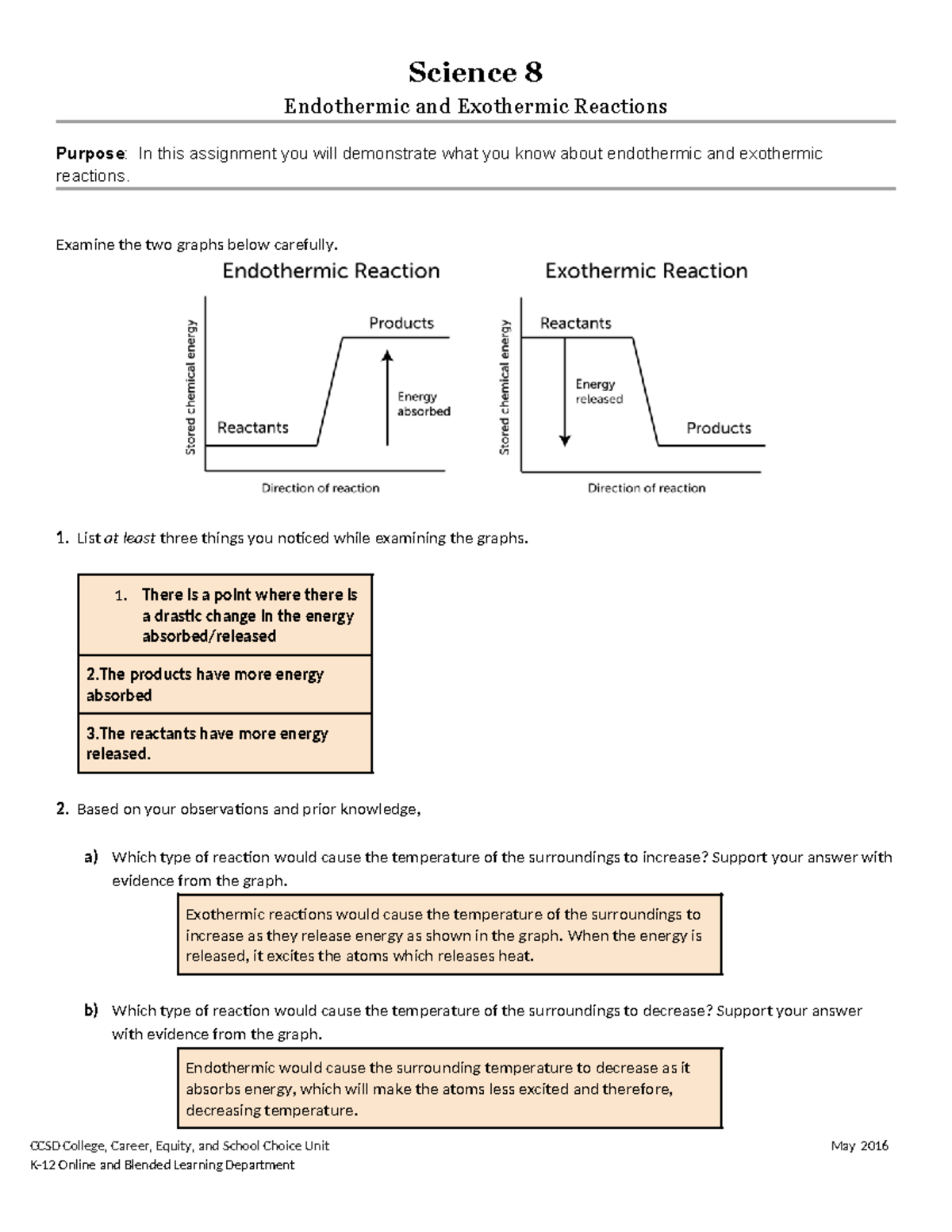 Science 8 - Endothermic & Exothermic Reactions Assignment Answers - Studocu