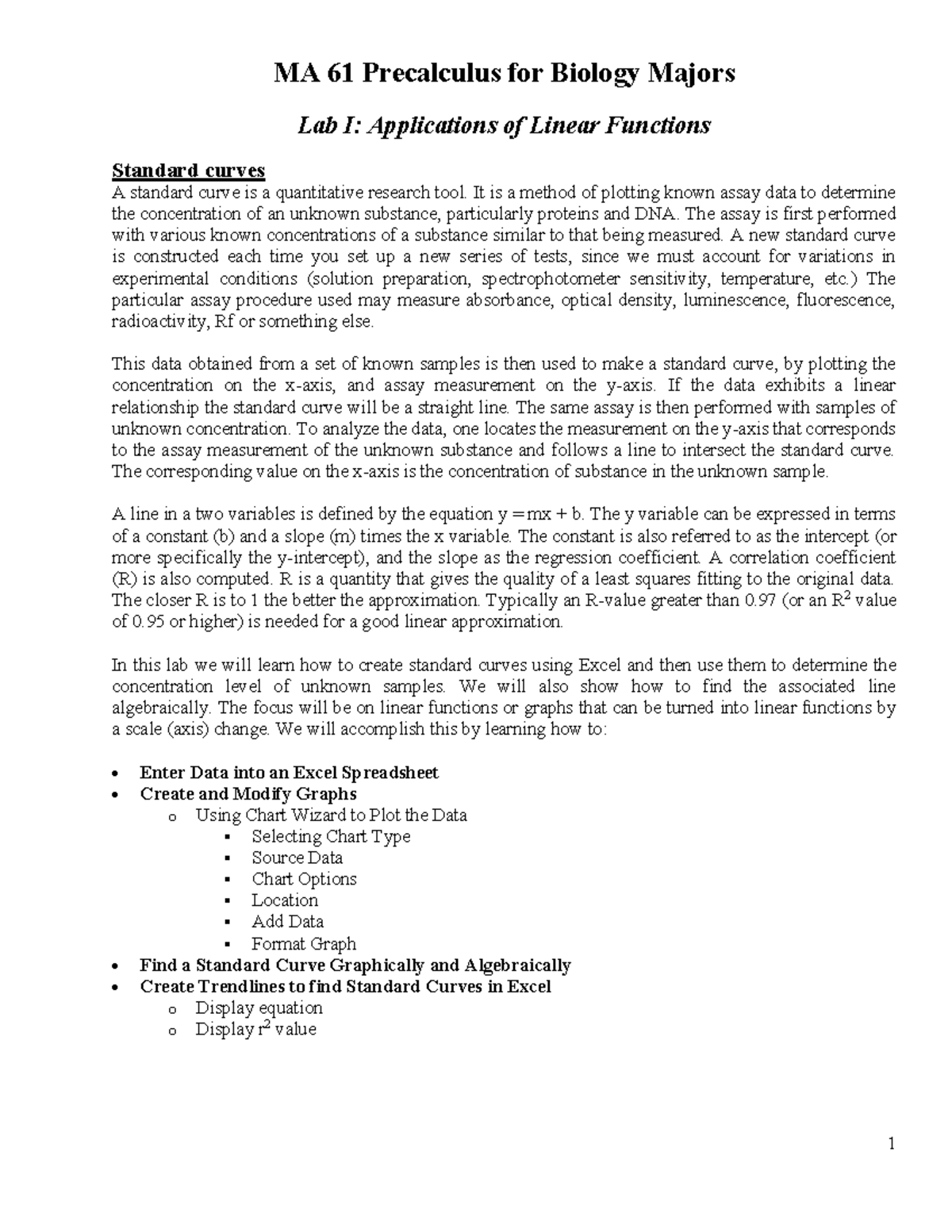 MA 61 Precalculus Lab I: Standard Curves & Linear Functions ...