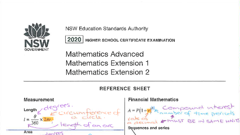 Annotated Reference Sheet for NSW HSC Mathematics Ext 1 (Yr 11) - Studocu