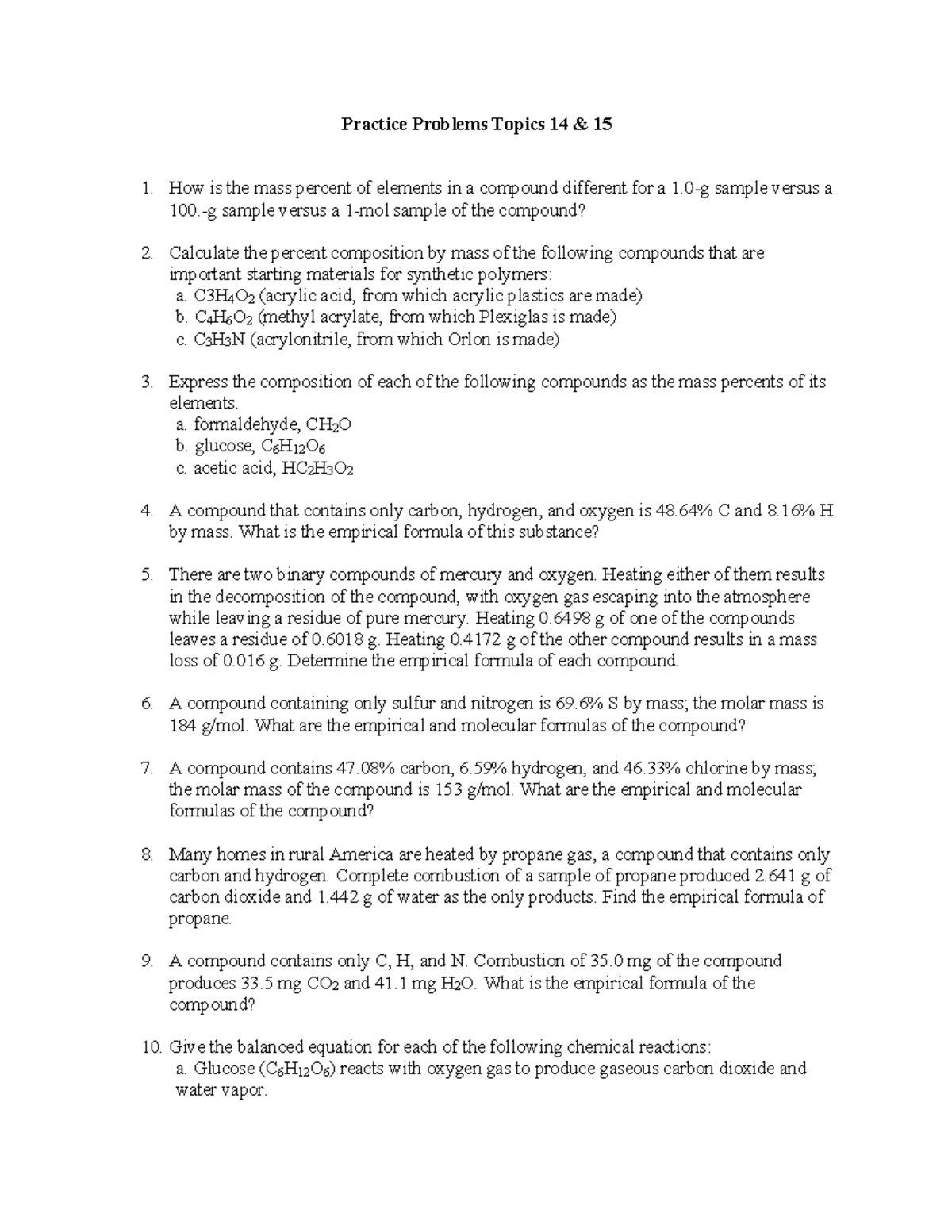 Practice Problems for Topics 14-15: Mass Percent & Empirical Formulas ...