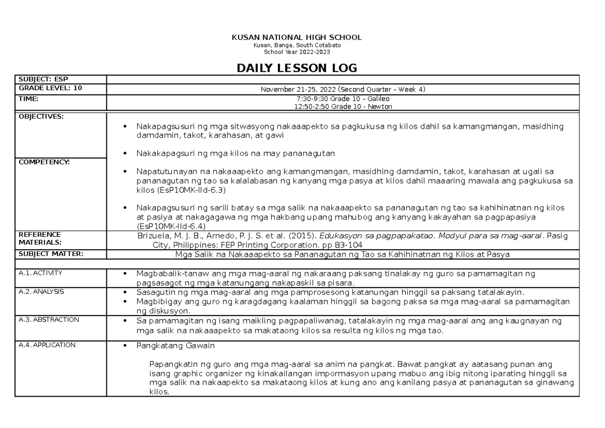 Week 4 Daily Lesson Log for ESP 10: Factors Affecting Accountability ...