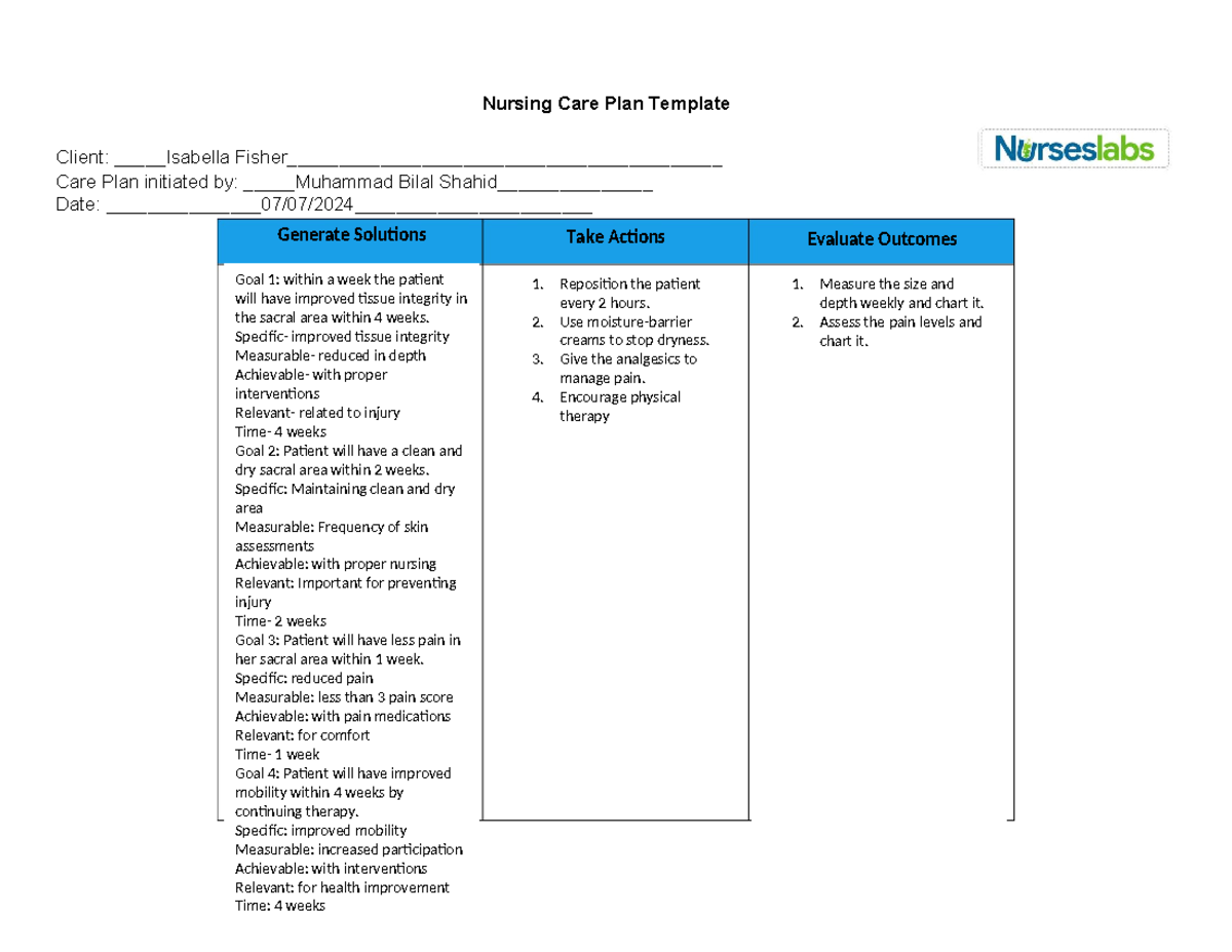 Nursing Care Plan (NCP) for Pressure Injury Management - Studocu