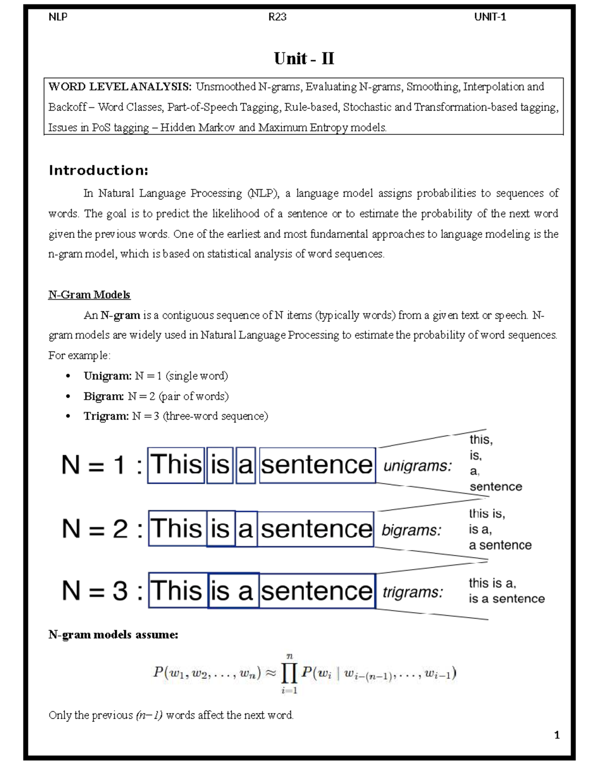 NLP R23 Unit II: Word Level Analysis & Smoothing Techniques - Studocu