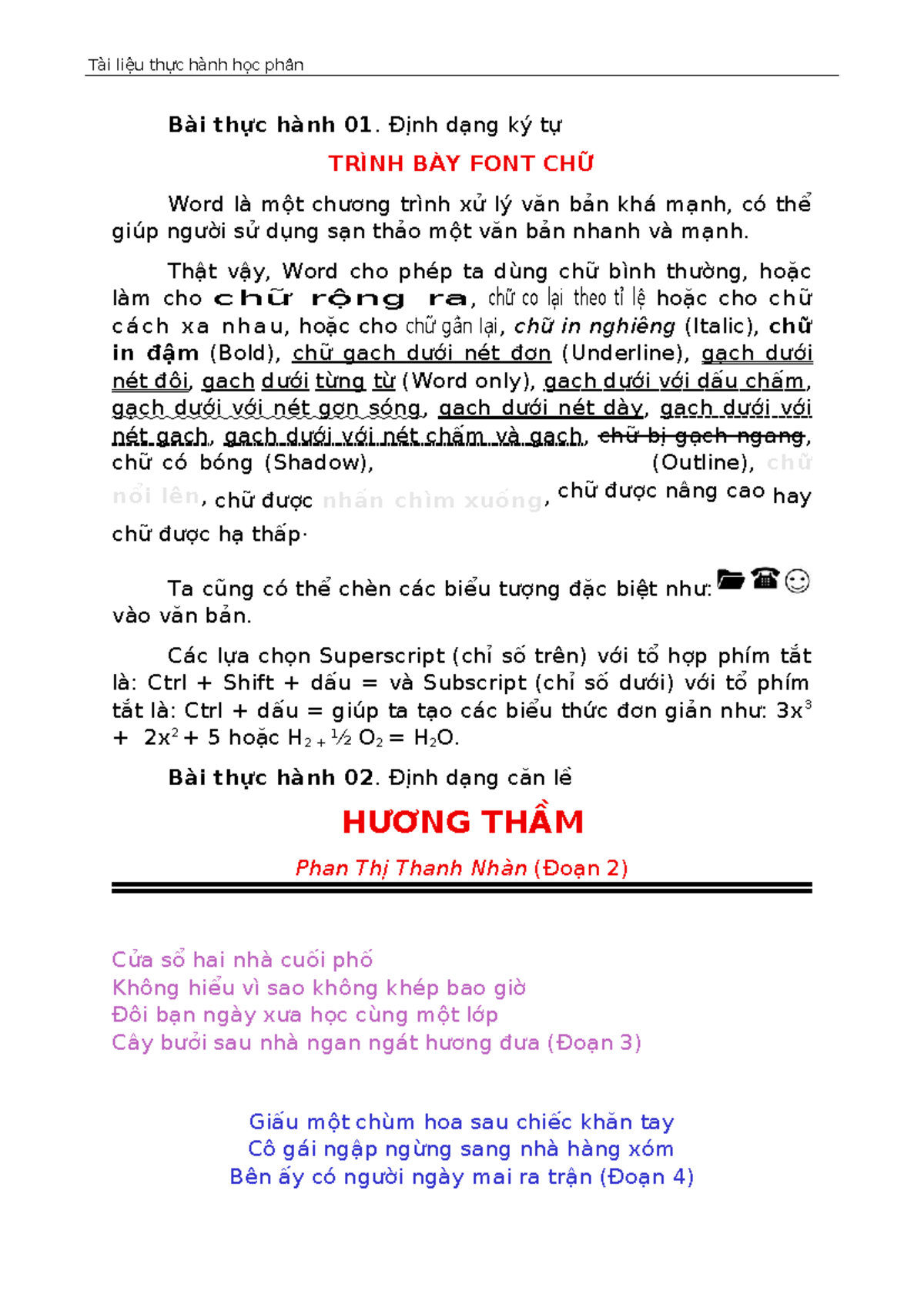 Tài liệu thực hành MS Word: Bài tập định dạng văn bản và biểu thức ...