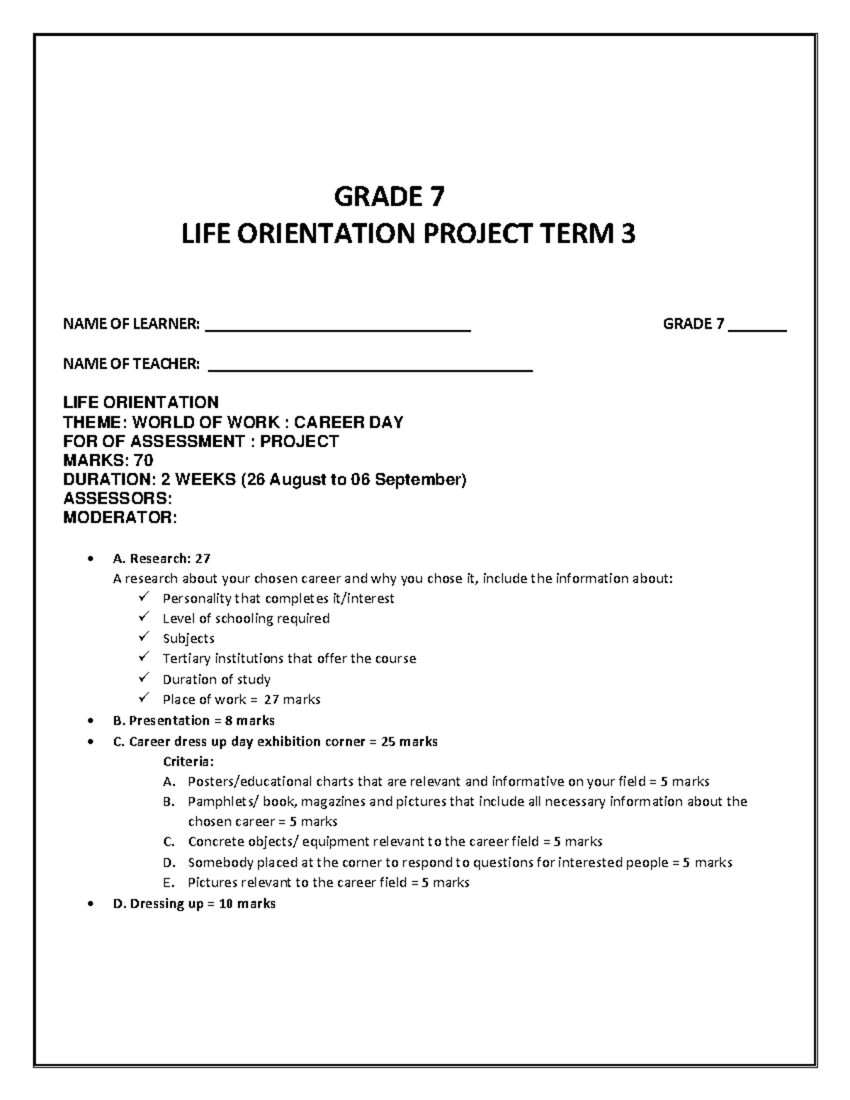 Grade 7 Life Orientation Project: Career Day Term 3 Assessment - Studocu