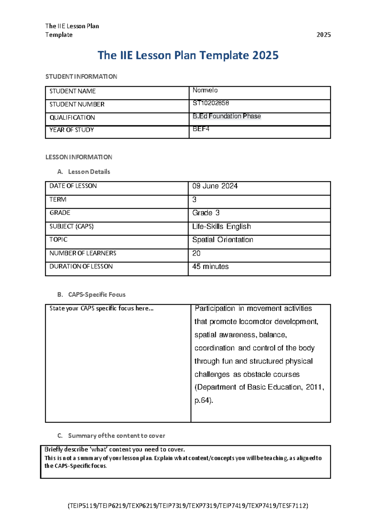 IIE Lesson Plan Template 2025: Grade 3 English - Spatial Orientation ...