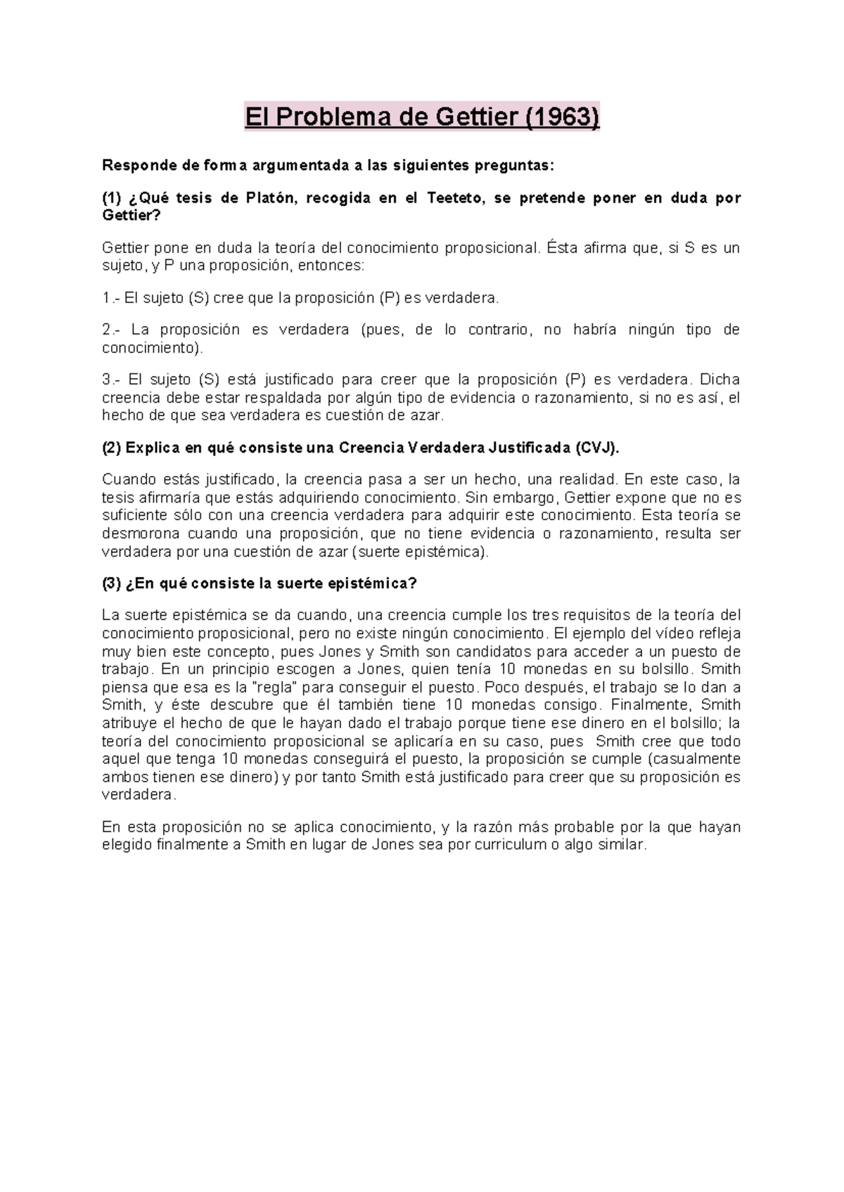 El Problema de Gettier: Análisis Crítico y Respuestas a Preguntas - Studocu