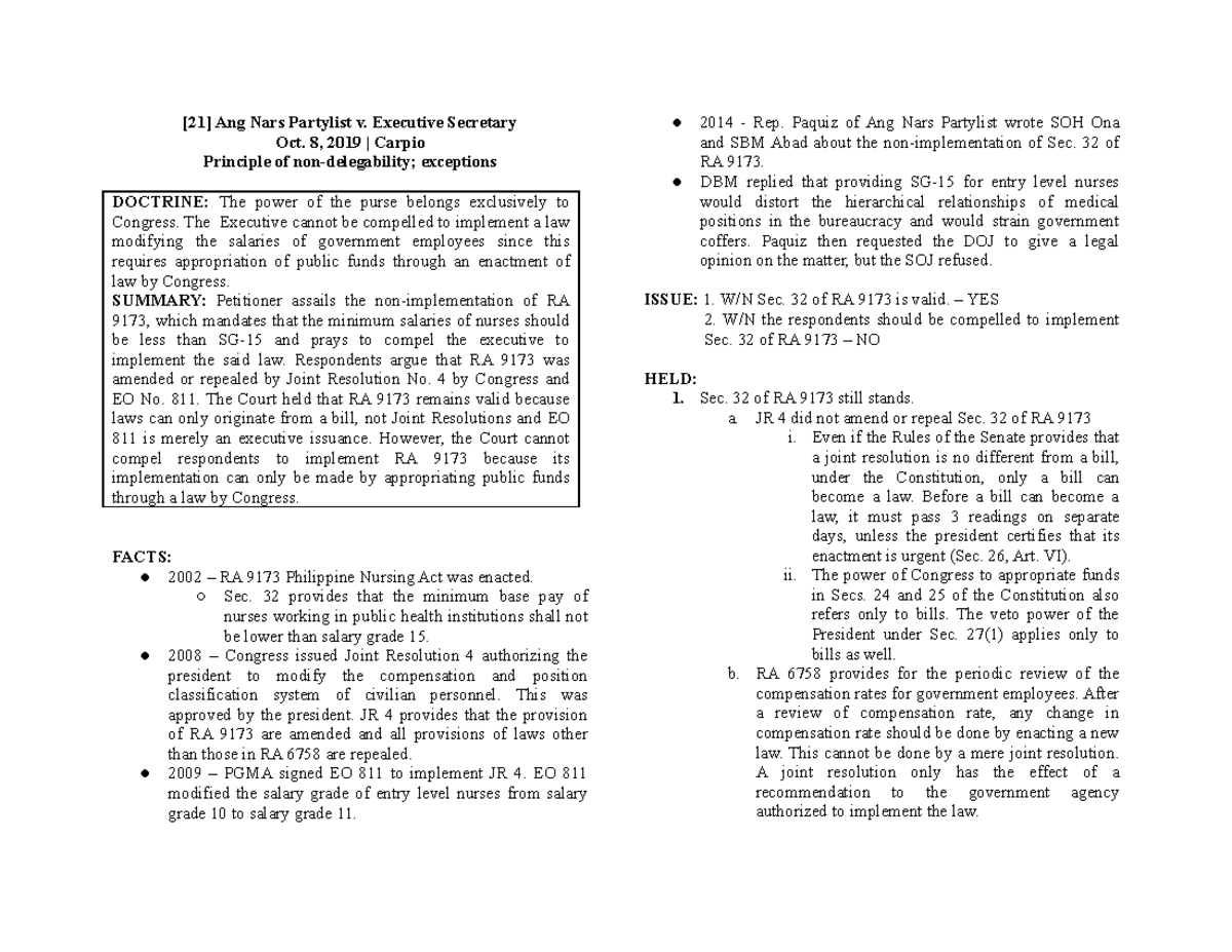 21 Ang Nars Partylist v Executive Secretary: Non-Delegability & RA 9173 ...