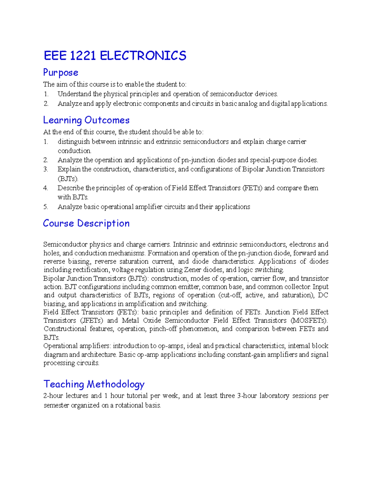 EEE 1221 Electronics Course Outline and Learning Outcomes - Studocu