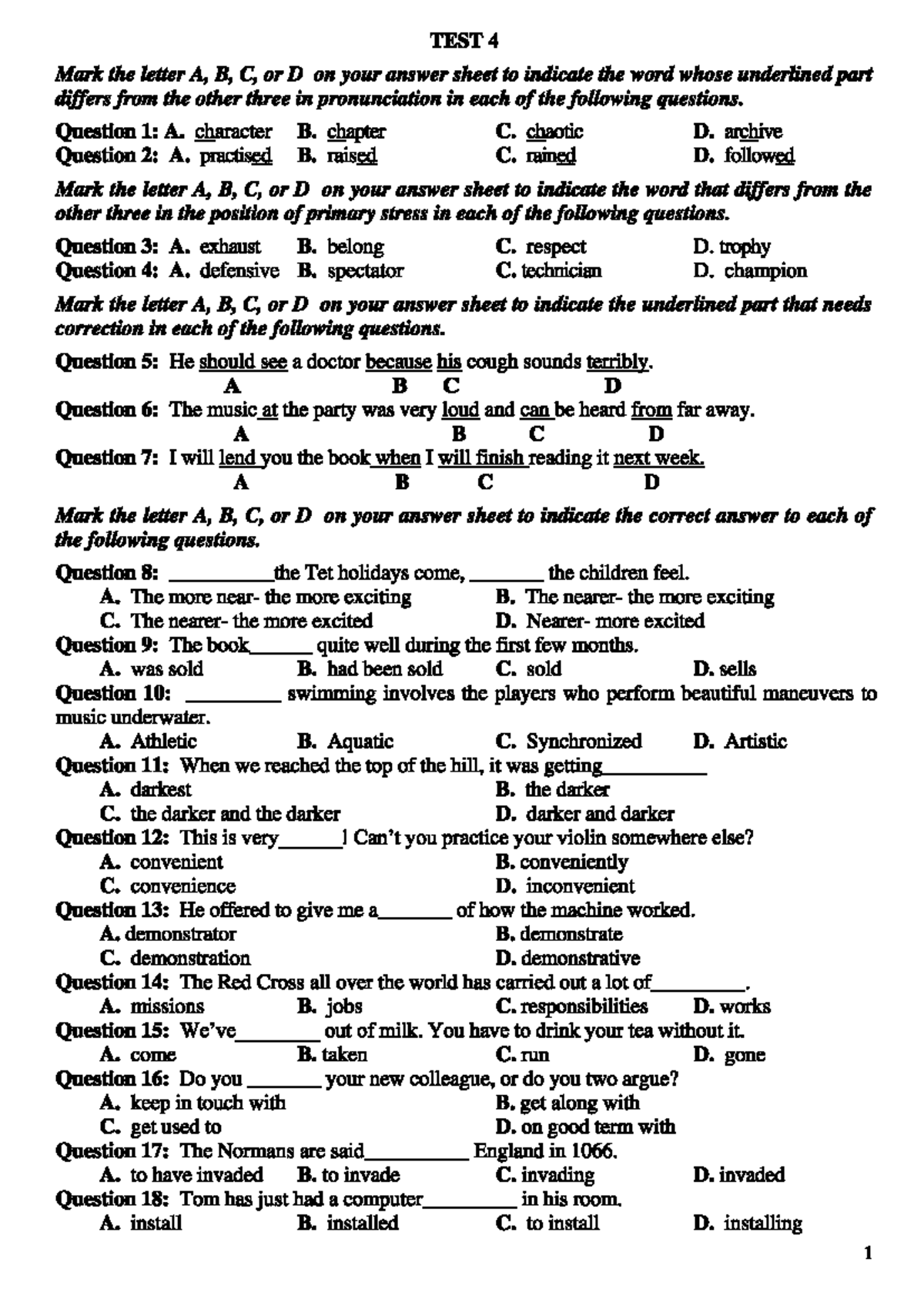 TEST 4: Pronunciation, Stress, and Grammar Questions - Studocu
