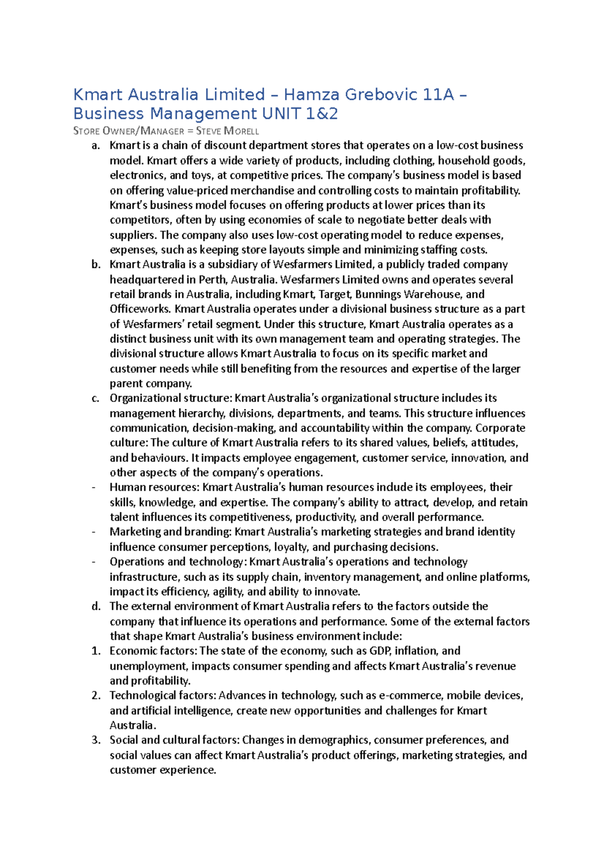 Business Management Unit 1: Kmart Australia Limited Overview - Studocu