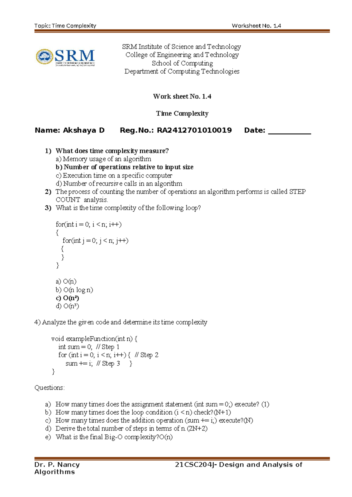 DAA 1022 - Time Complexity Worksheet No. 1.4 Solutions - Studocu
