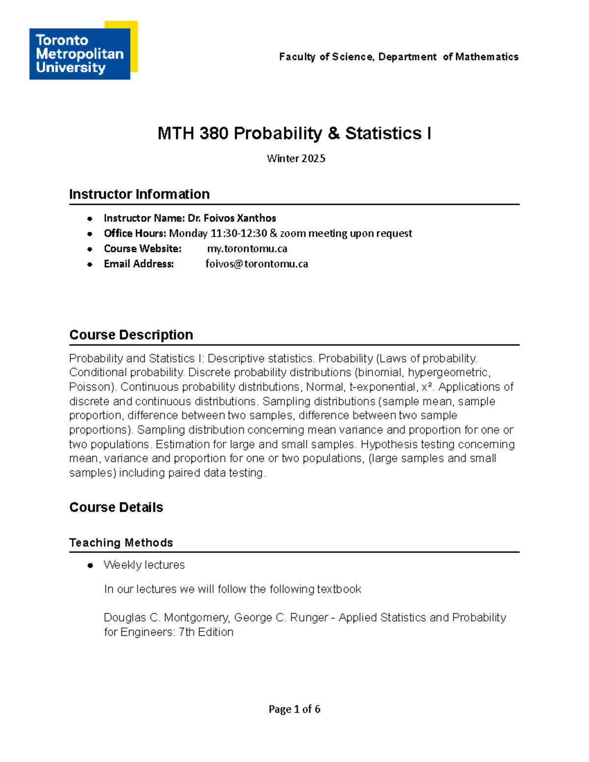 MTH 380 Course Outline: Probability & Statistics I - Winter 2025 - Studocu