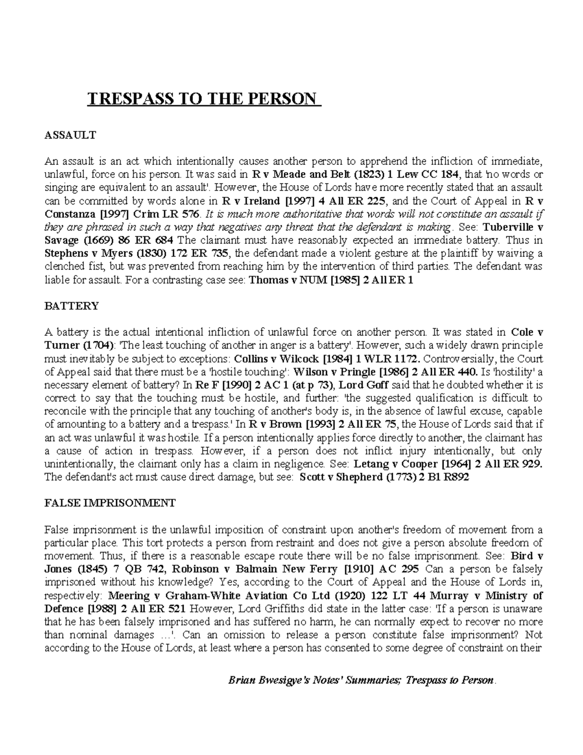 LAWS 101: Trespass to a Person - Key Concepts and Cases Notes - Studocu