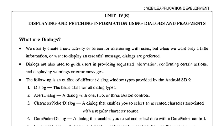 MOBILE APPLICATION DEVELOPMENT IV(B): DIALOGS & FRAGMENTS OVERVIEW - Studocu