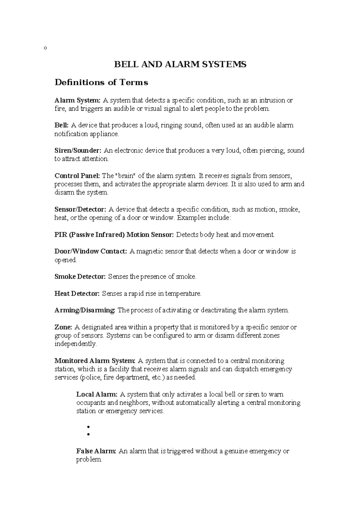 BELL & ALARM SYSTEMS: Key Terms & Applications Notes - Studocu
