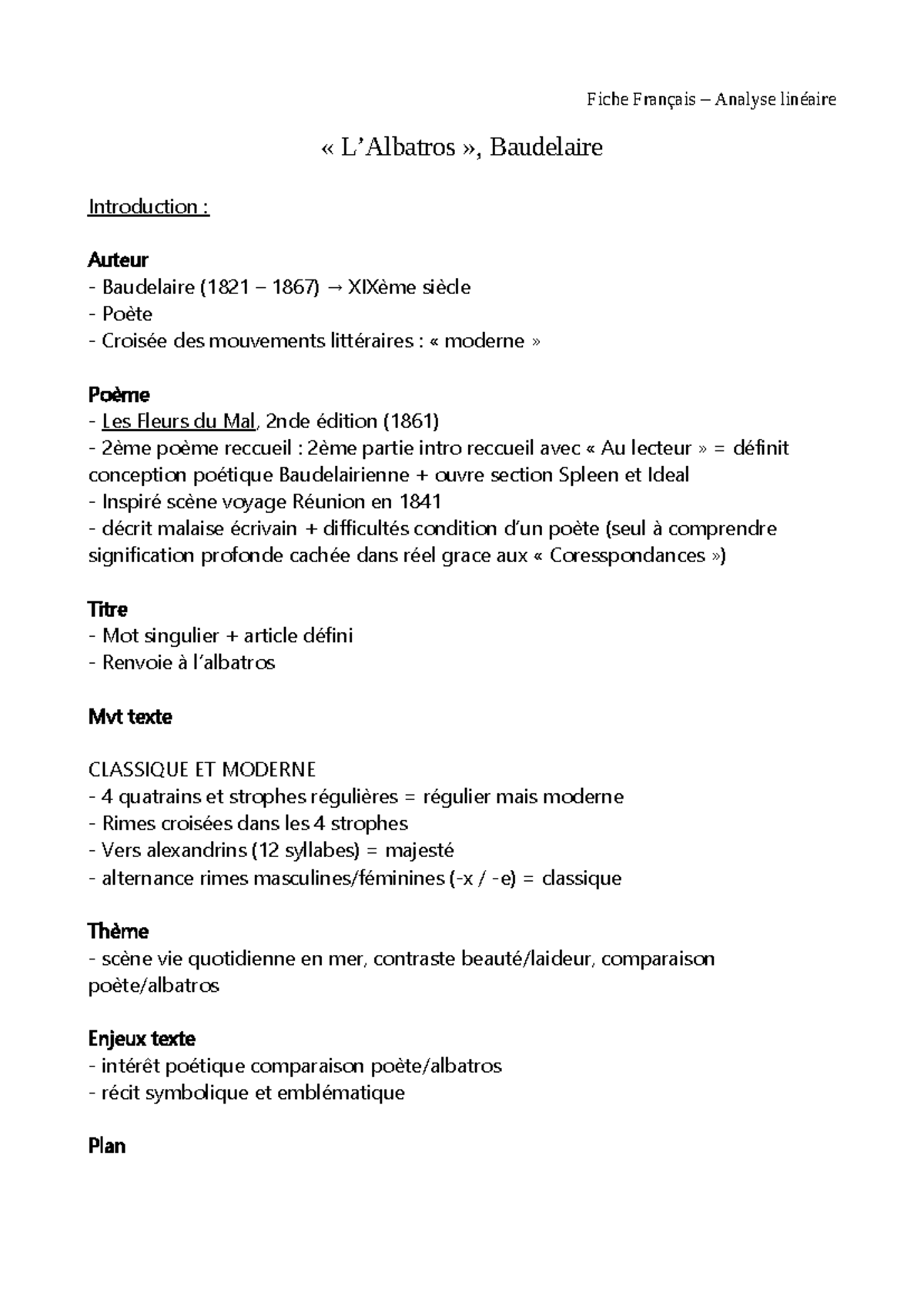 Analyse linéaire de "L'Albatros" dans "Les Fleurs du Mal" - Fiche ...