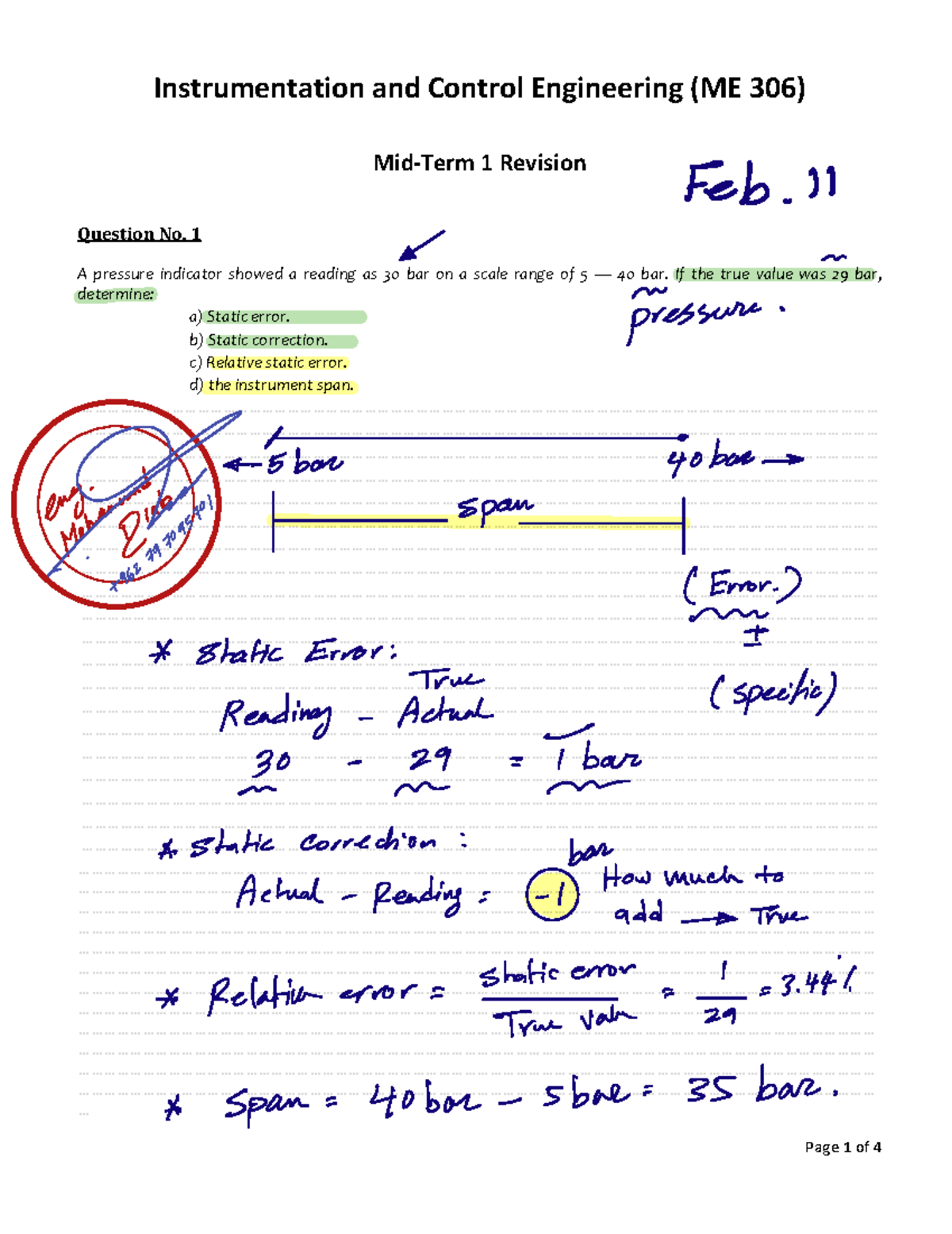 ME 306 - Instrumentation and Control Engineering Midterm Revision - Studocu