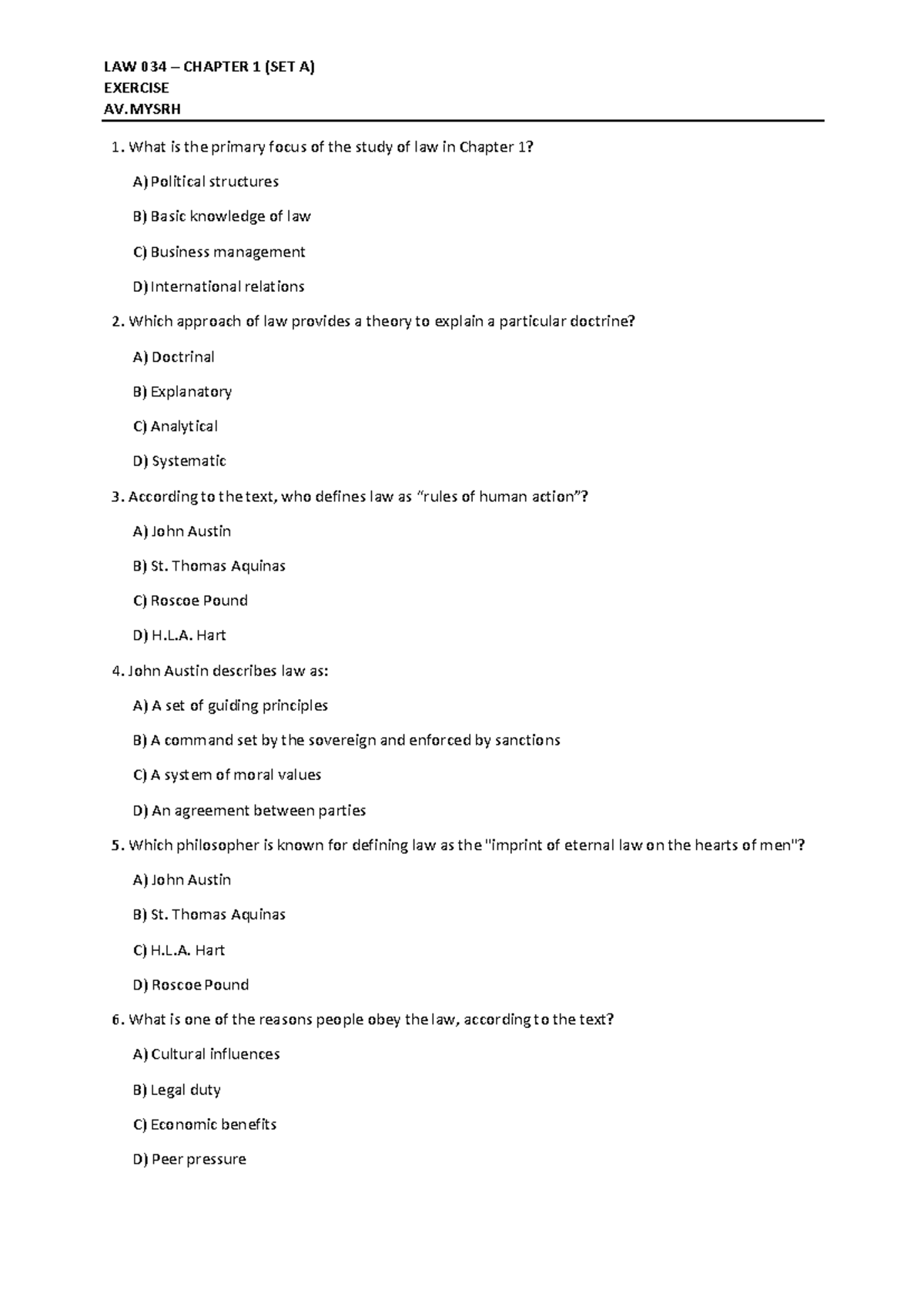 LAW 034 MIDTERM EXAM CHAPTER 1 SET A EXERCISE QUESTIONS - Studocu