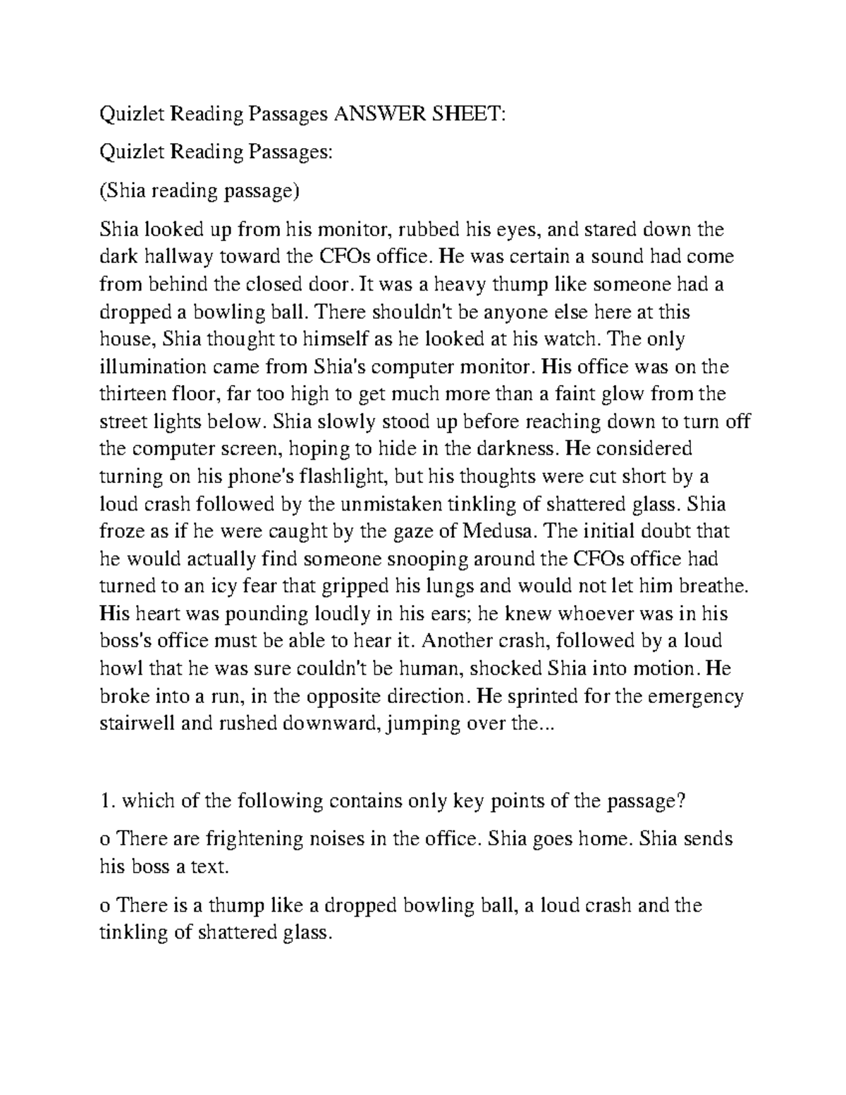 Quizlet Reading Passages Answer Sheet and Key Points Analysis - Studocu