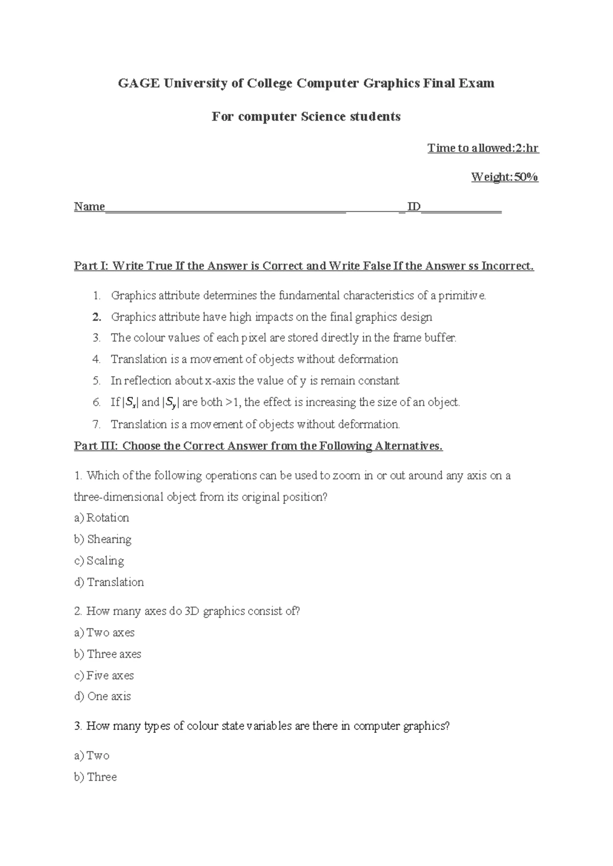 Computer Graphics (CS) Final Exam Study Guide - Studocu