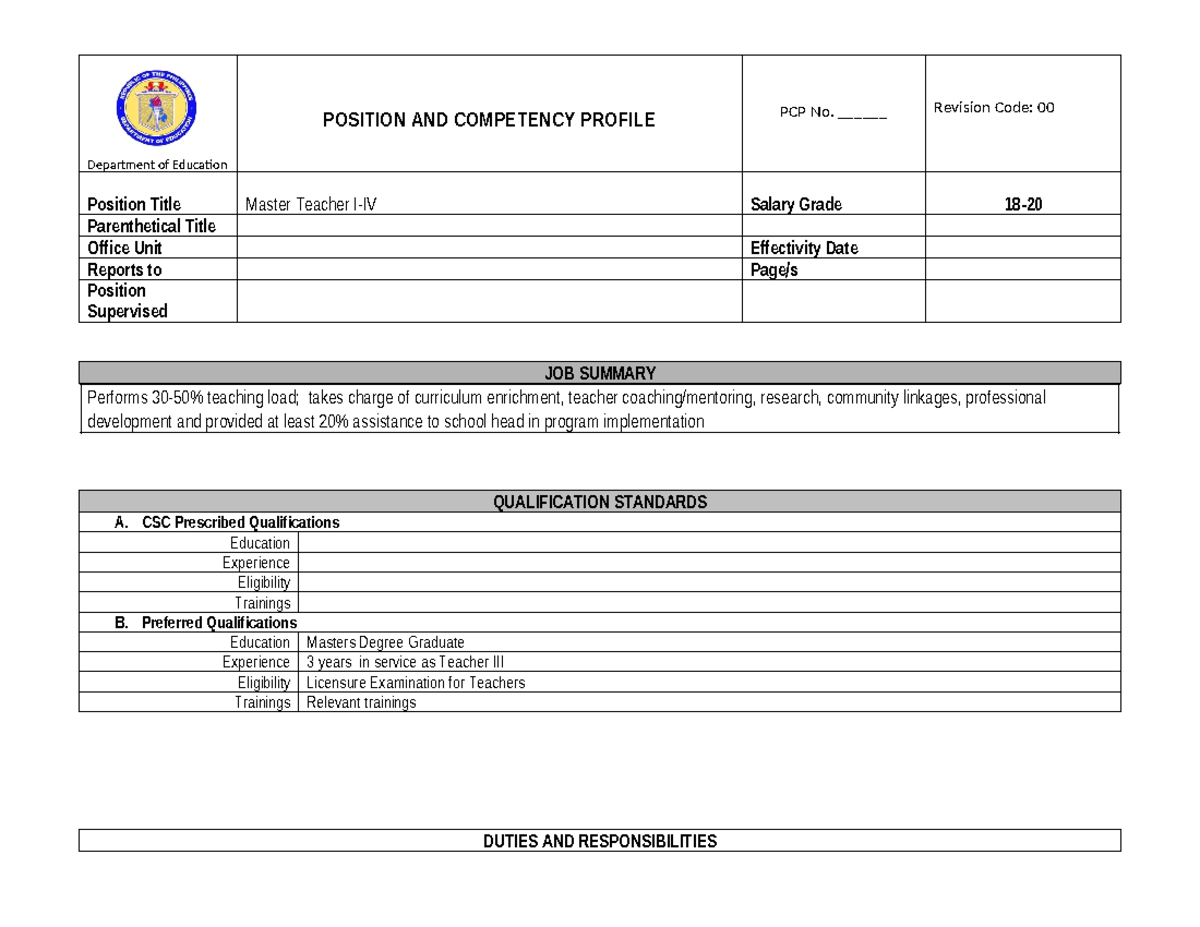 Duties and Responsibilities of Master Teachers I-IV - Educational ...