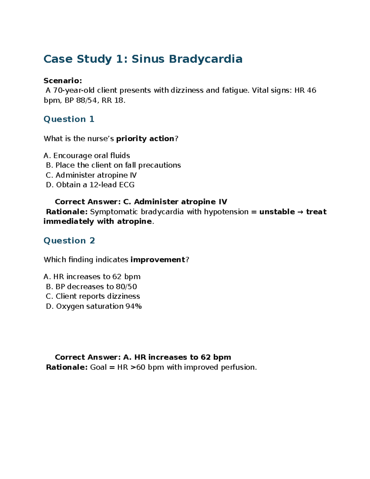 Cardiac Case Study - Med Surg: Key Scenarios & Nursing Actions - Studocu