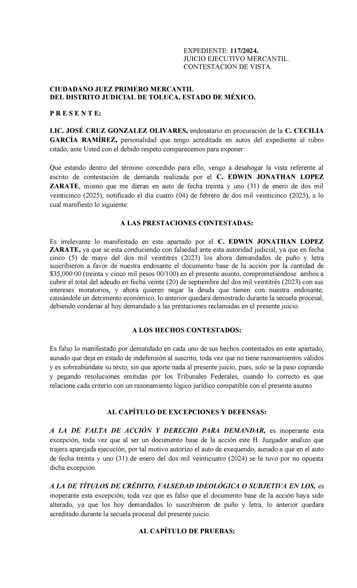 Contestación De Vista En Juicio Ejecutivo Mercantil Exp 2025 Studocu