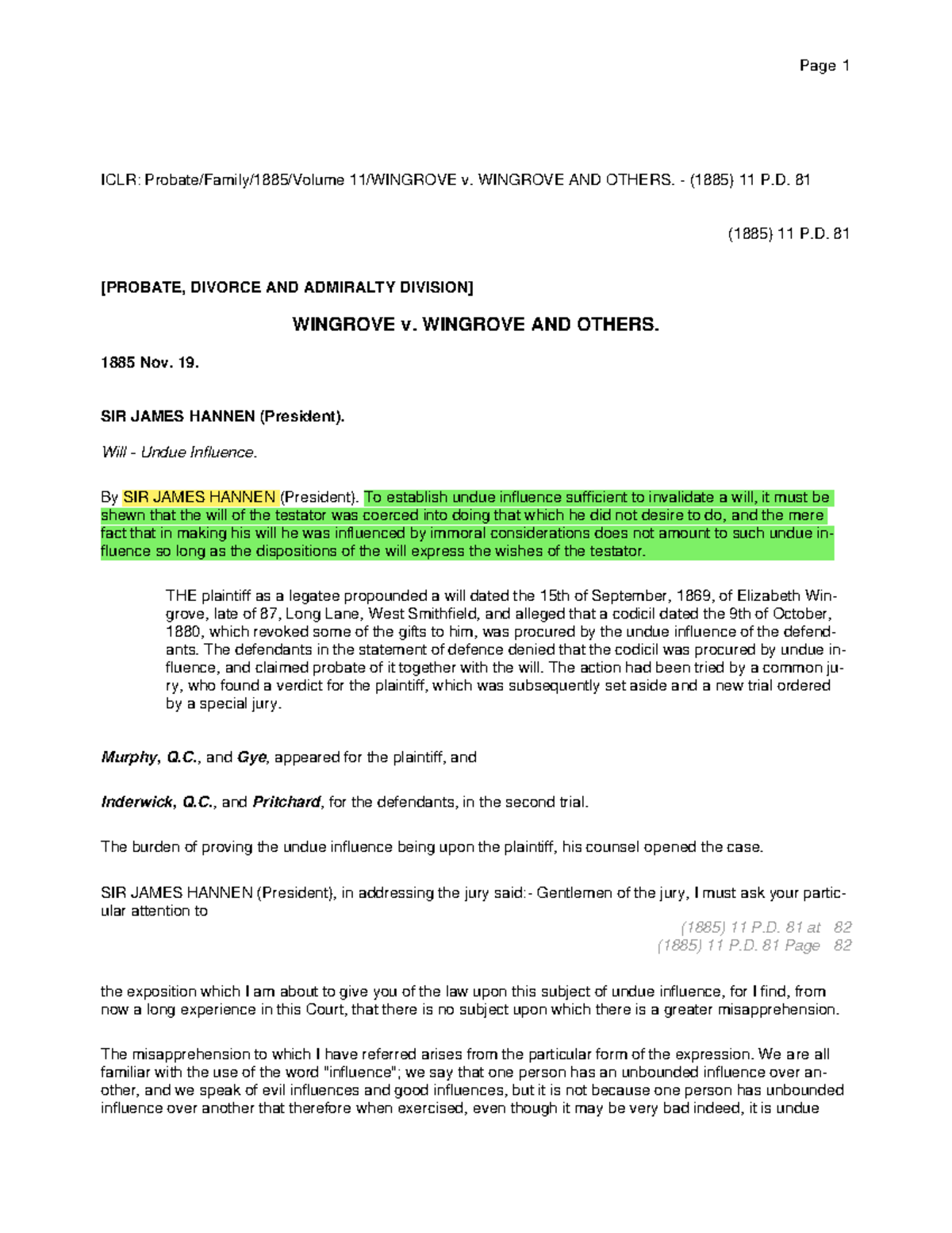 Wingrove v. Wingrove: Examining Undue Influence in Wills - Studocu