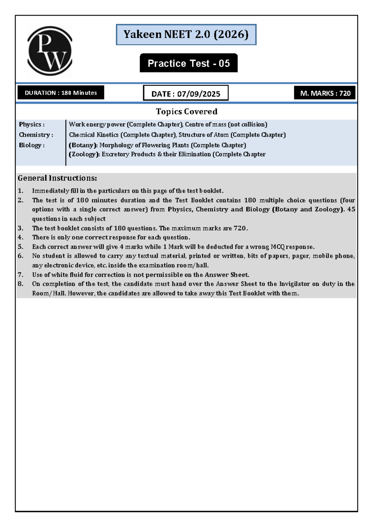 Yakeen NEET 2.0 (2026) Practice Test 05: Hints & Solutions - Studocu