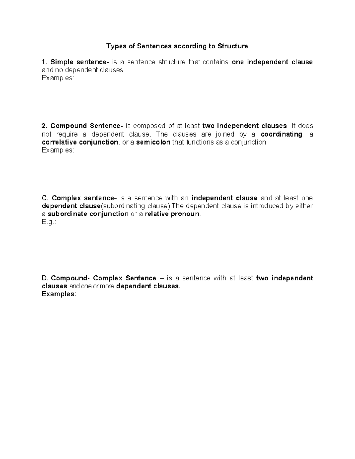 Types of Sentences according to Structure Handouts - Types of Sentences ...