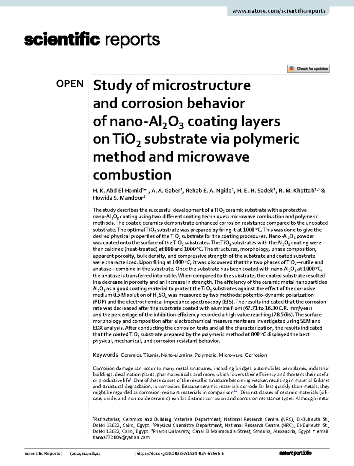 Study of Microstructure and Corrosion Behavior of Coated TiO2 ...
