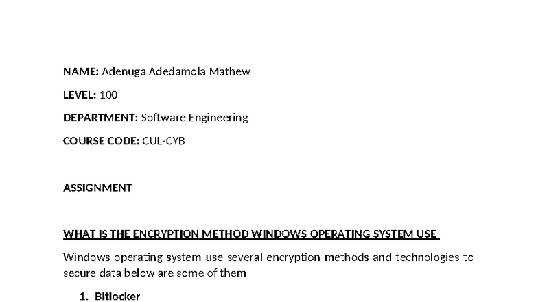 CYB 100 Assignment: Encryption Methods in Windows OS - Studocu