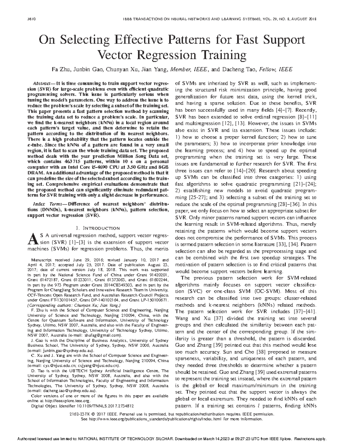 Title: Efficient Pattern Selection for Fast SVR Training – IEEE TNNLS ...