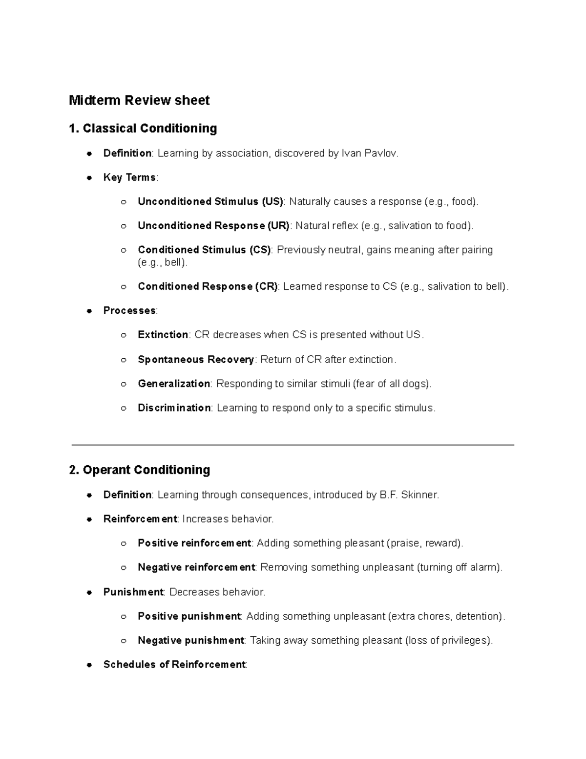 Midterm Review Sheet PSY 101: Classical & Operant Conditioning - Studocu