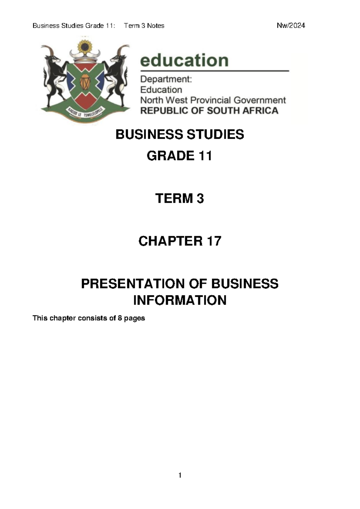 BSTD Grade 11 Term 3 Chap 17 Presentation of Business Info - Studocu