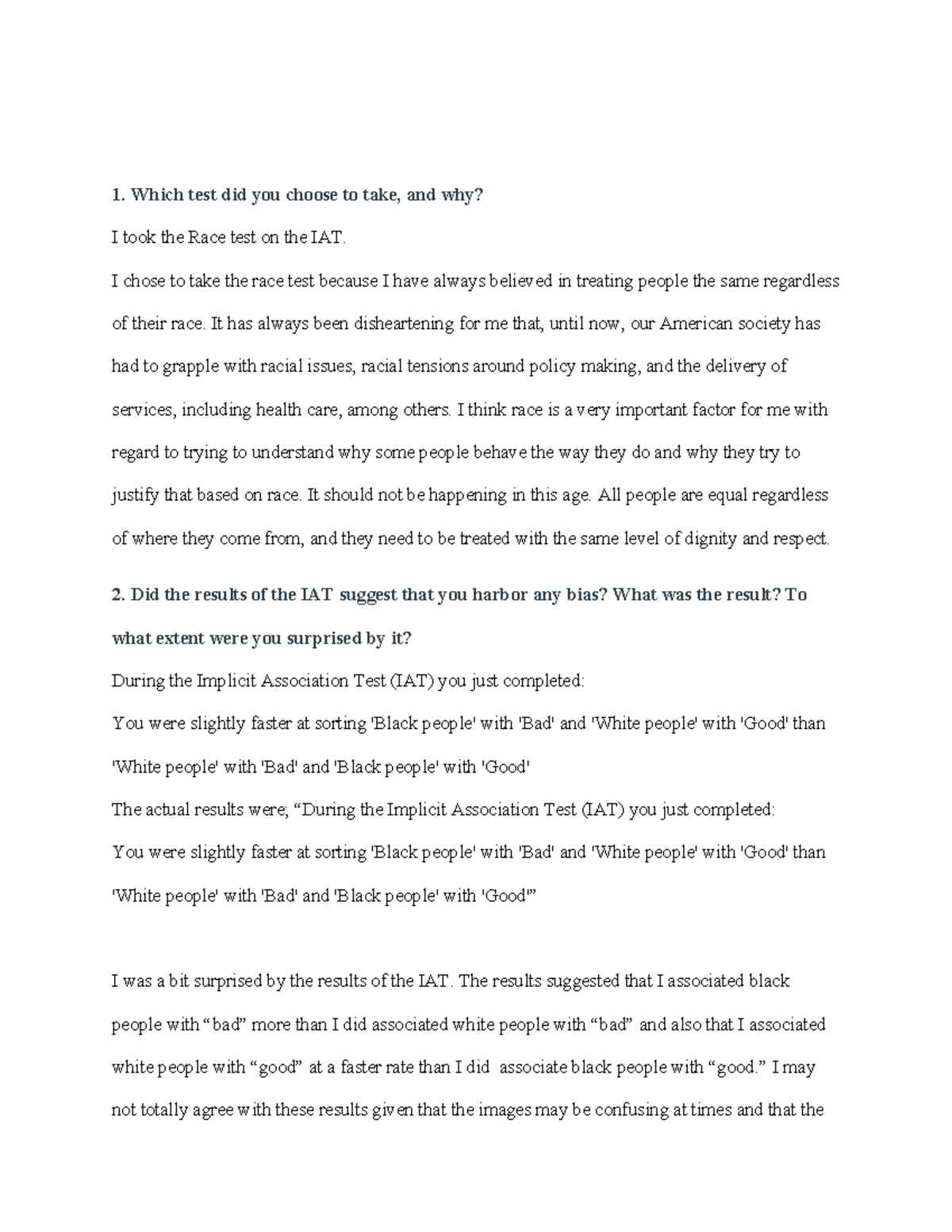 IAT Reflection: Race Test Insights and Personal Bias Analysis - Studocu
