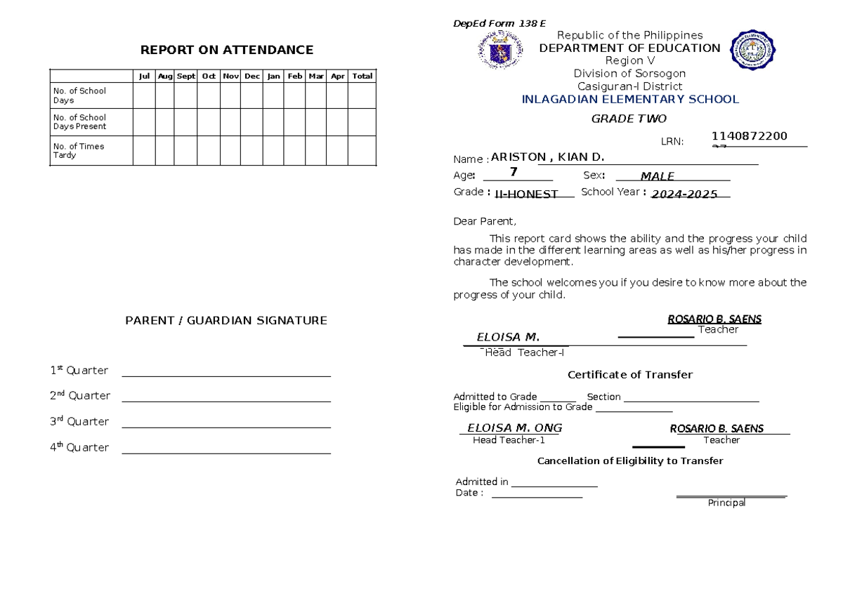 CARD Grade 2 - ksmksMDS - REPORT ON ATTENDANCE Jul Aug Sept Oct Nov Dec ...