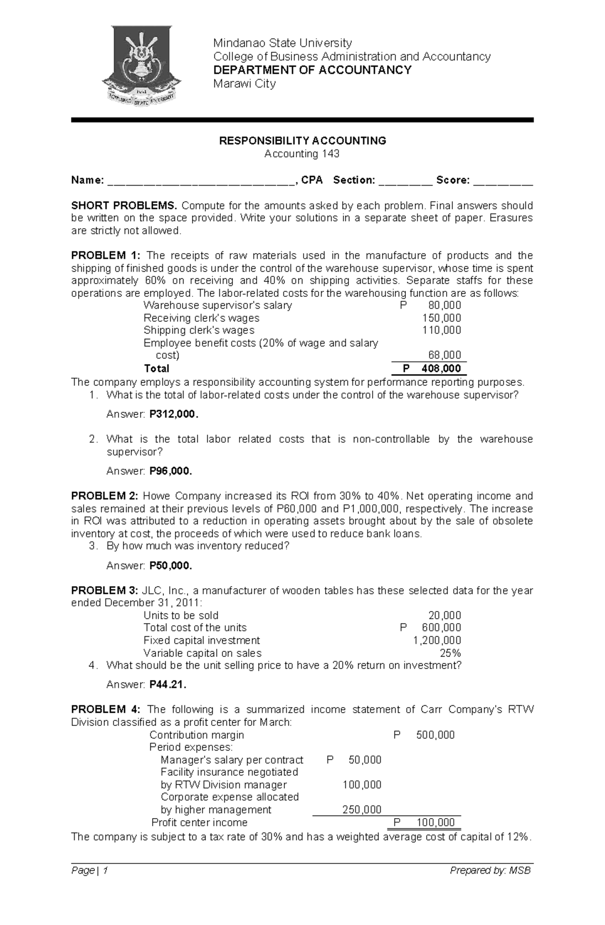 Responsibility Accounting Problems - Accounting 143 Final Exam - Studocu