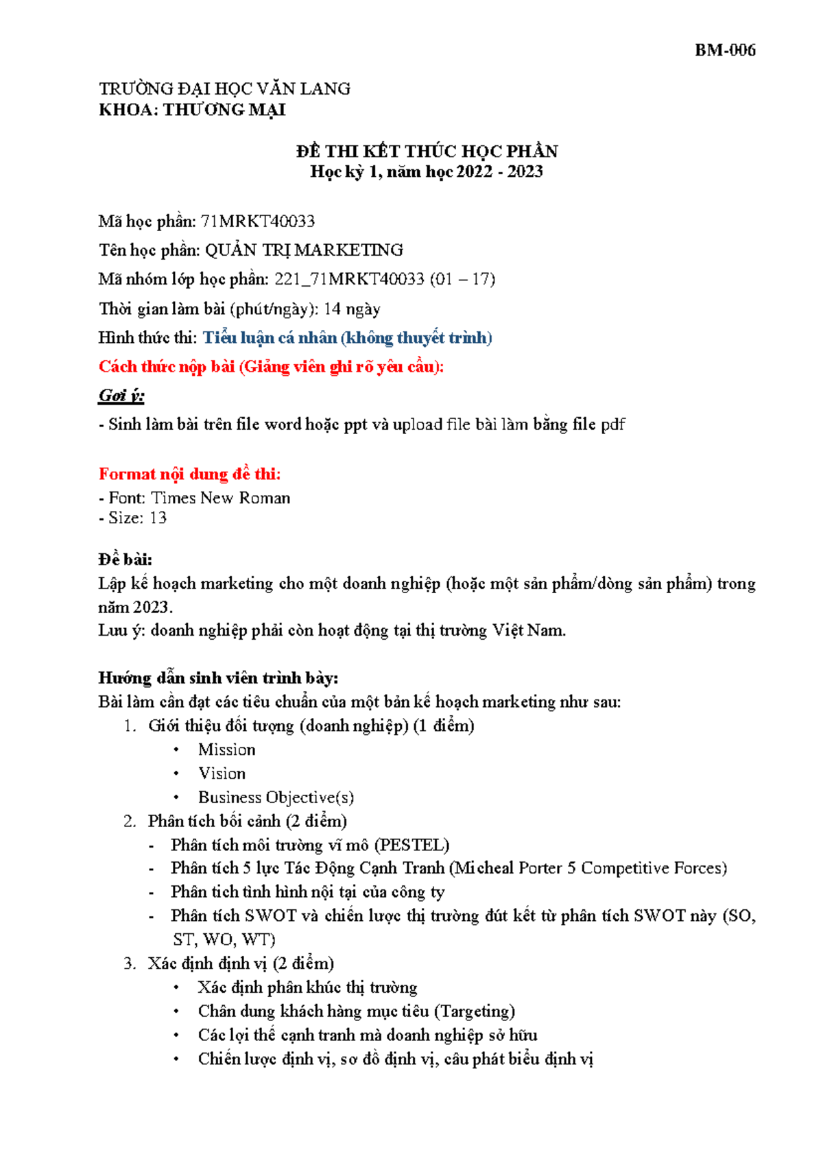 71MRKT40033 QUAN TRI Marketing NHOM 01-17 Tieul De 1 - BM- TRƯỜNG ĐẠI ...