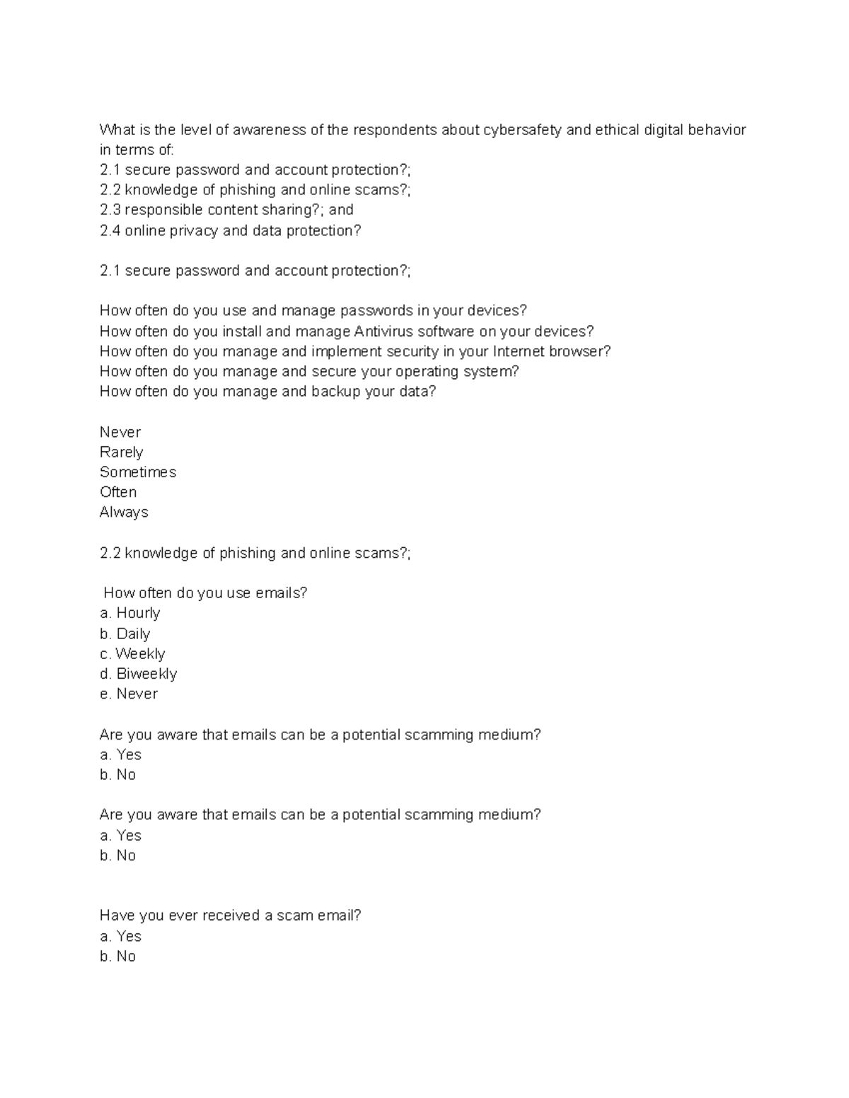 Survey Questionnaire on Cybersafety Awareness and Ethical Digital ...