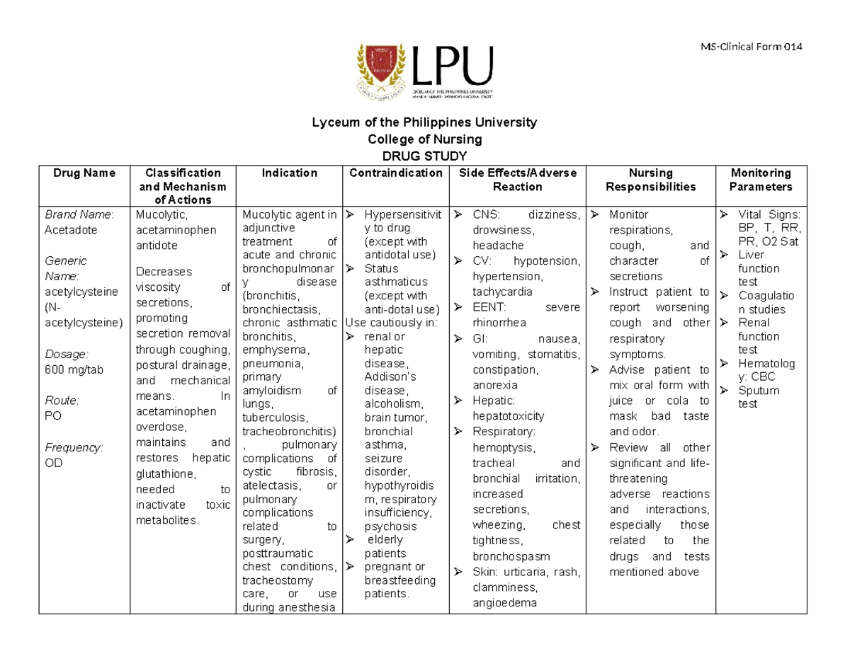 NAC - Drug Study on Acetylcysteine: Class, Actions, and Nursing Care ...