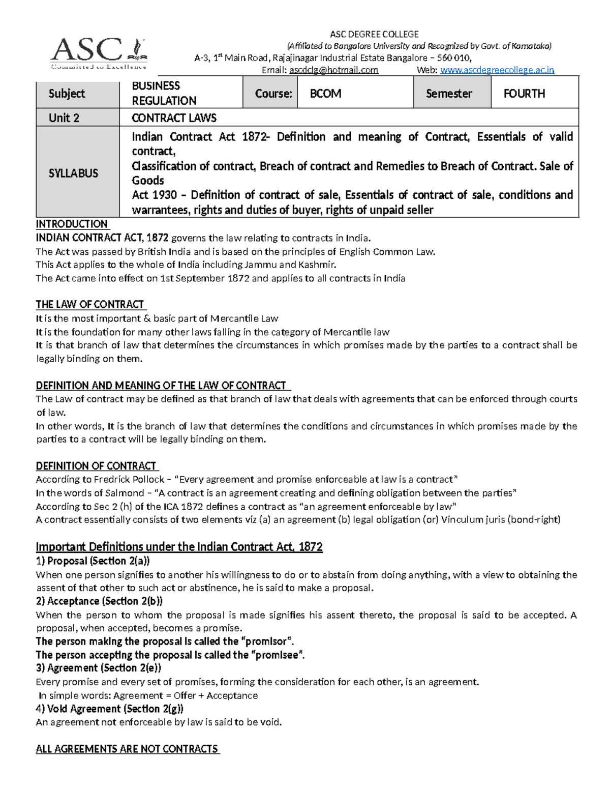 BR BCOM SEM 4 UNIT 2 SYLLABUS: INDIAN CONTRACT ACT OVERVIEW - Studocu