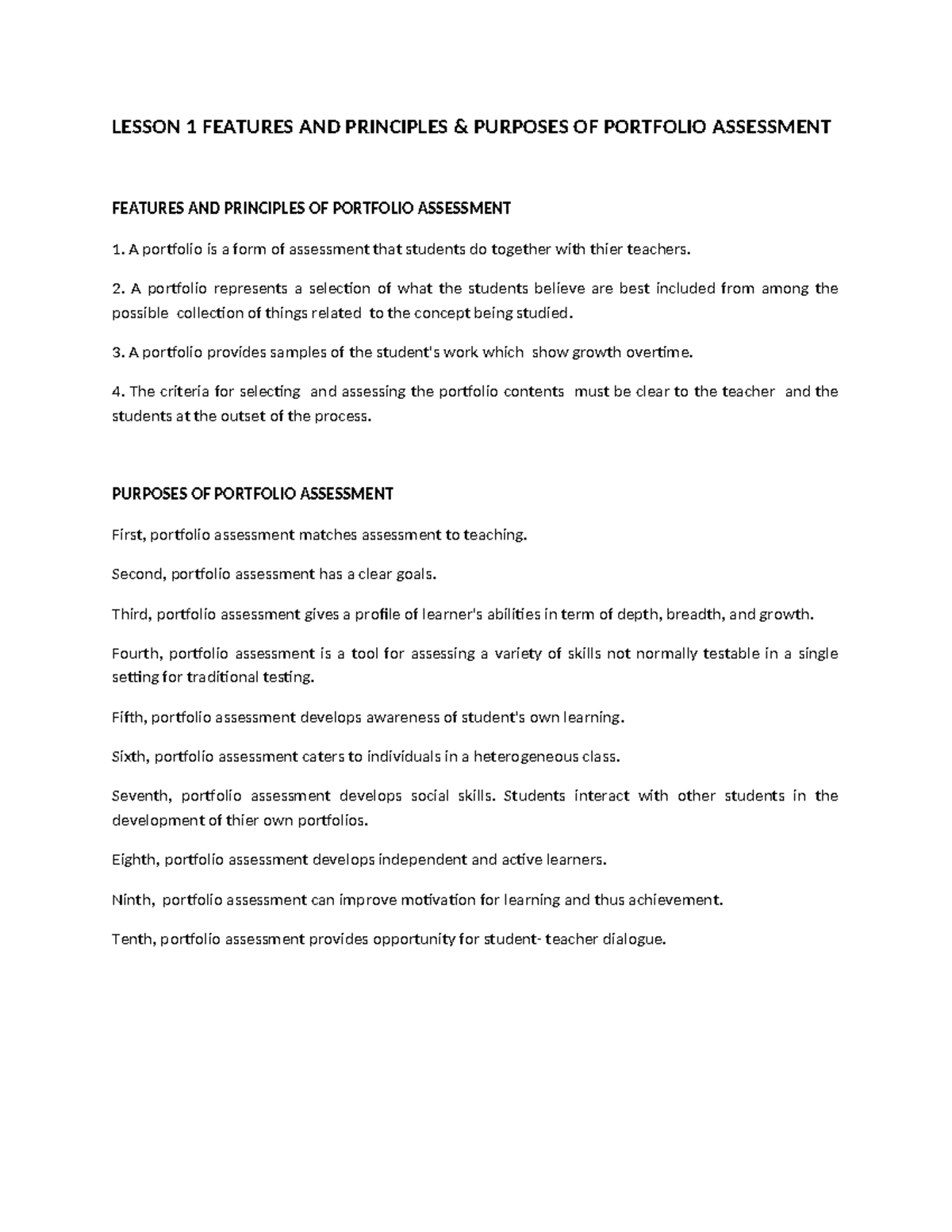 Lesson 1: Features & Purposes of Portfolio Assessment - Studocu