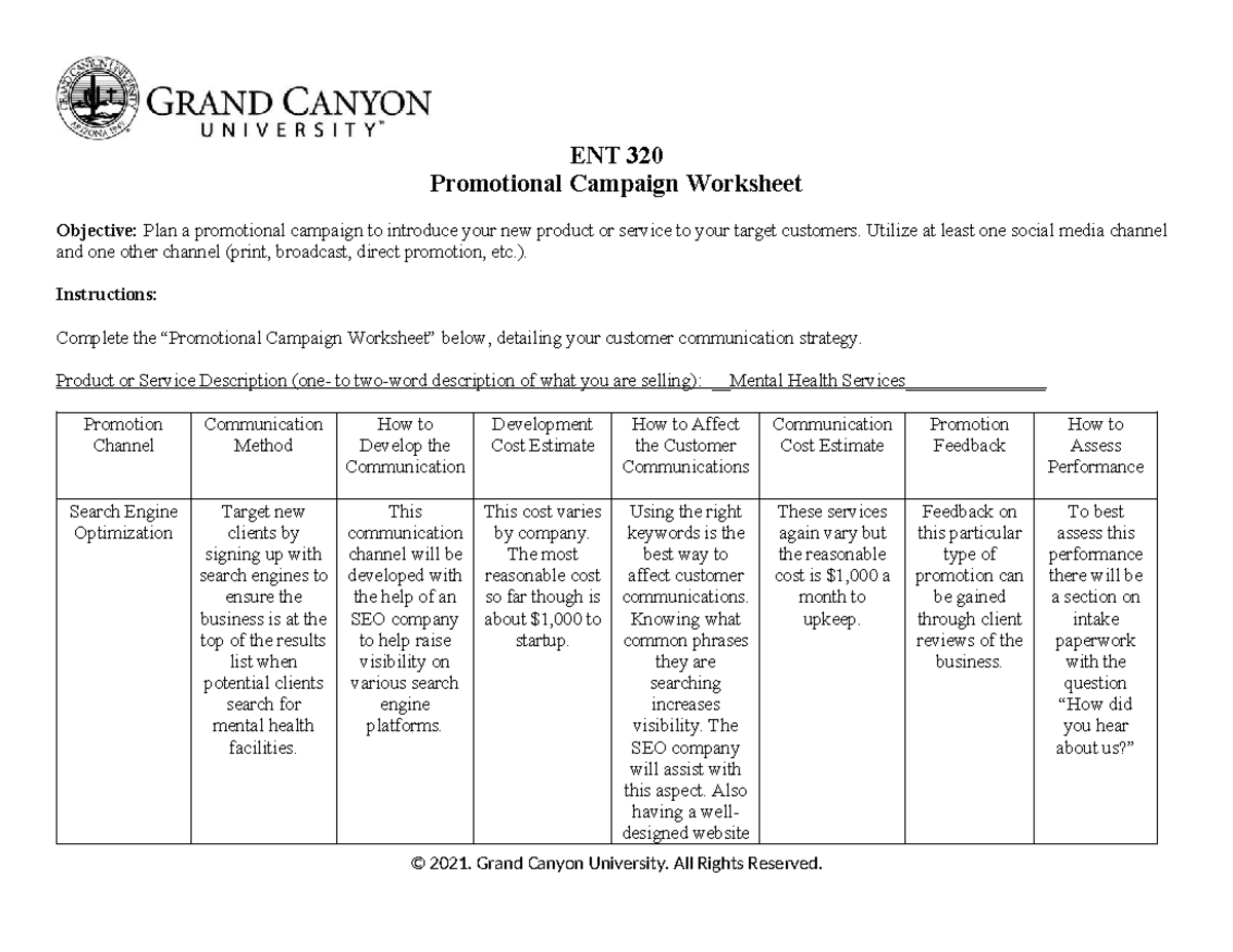 ENT 320: Promotional Campaign Worksheet for Mental Health Services ...