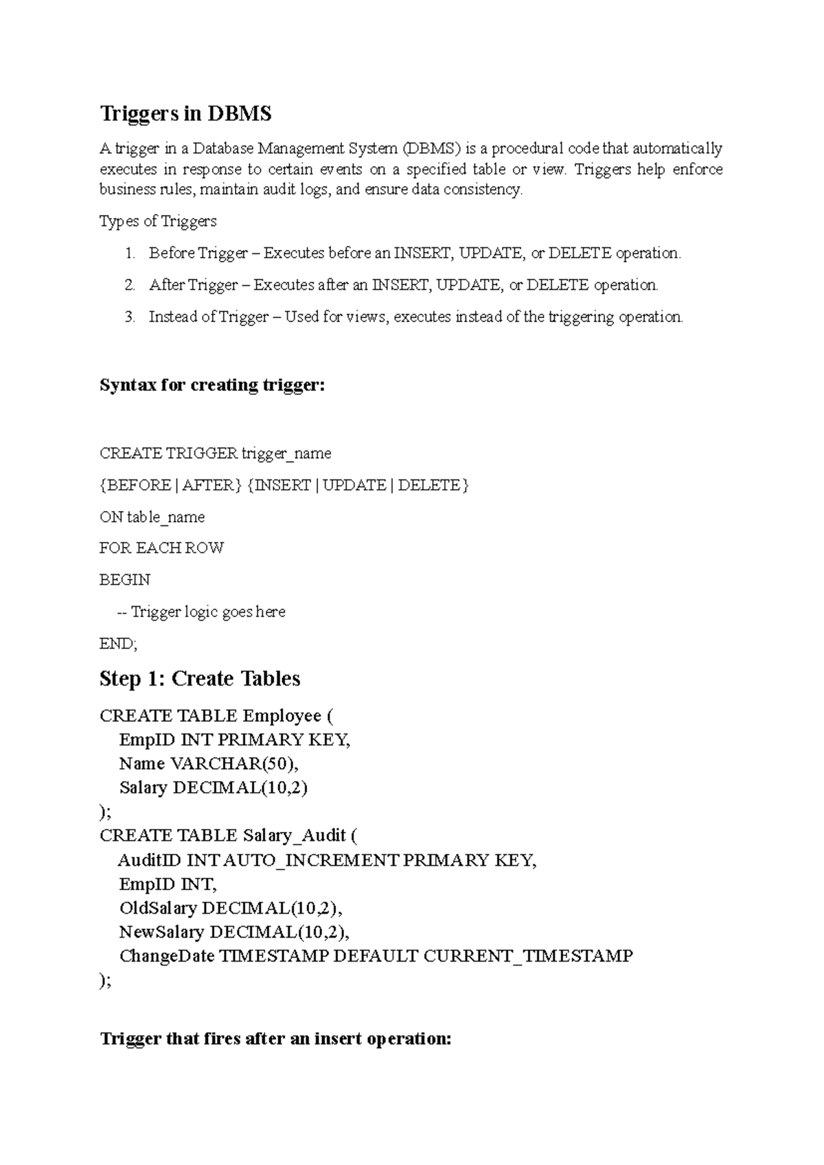 DBMS Triggers: Types, Syntax, and Implementation Guide - Yyuu - Studocu
