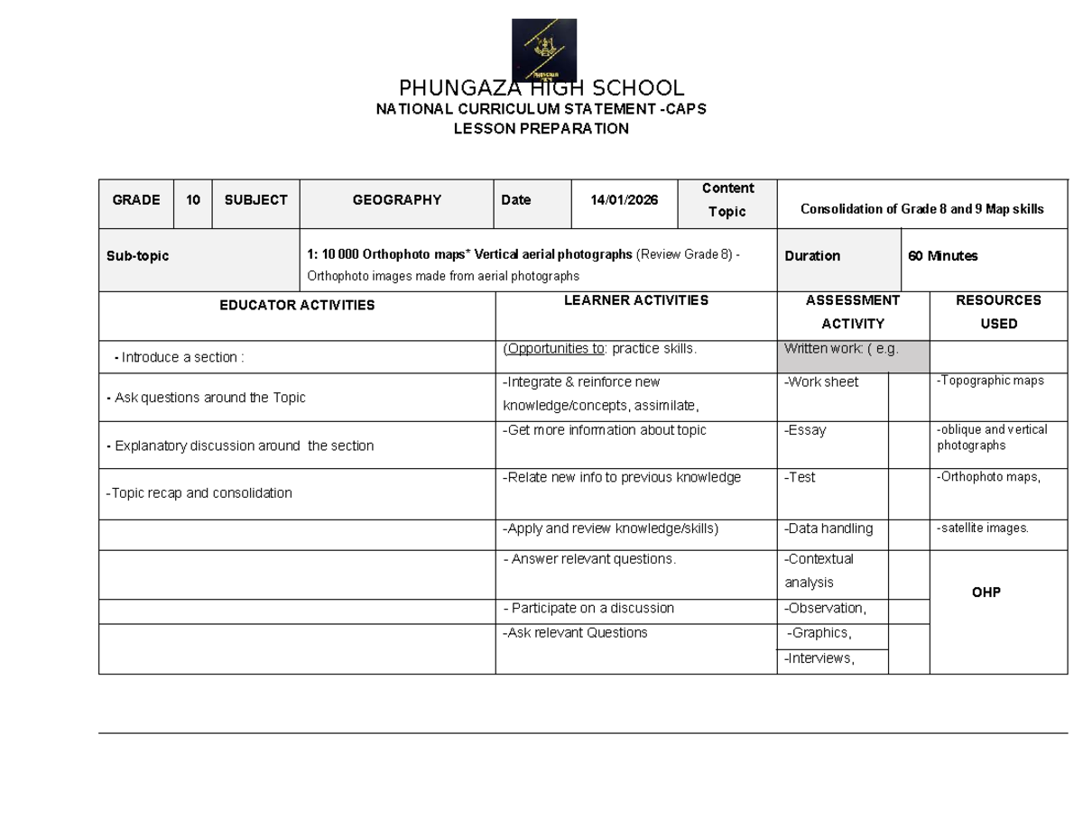 Geography Grade 10 Lesson Summary: Map Skills & Orthophotos - Studocu